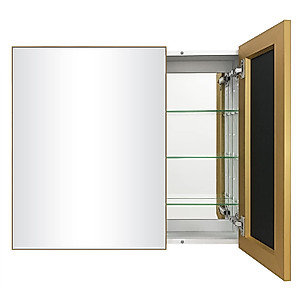 FOMAYKO Bathroom Medicine Cabinet with Farmhouse Gold Metal Framed 26(H) x30(W) Inches Double Sided Mirror Door Recess or Surface Mount Mirror Cabinet for Bathroom Toilet Kitchen