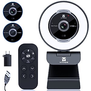 Vitade Zoomable Webcam with Remote Control, 1080P 60FPS Streaming Webcam with Ring Light and Microphone, Pro USB Webcam with 5X Digital Zoom Built in Privacy Cover for Zoom/Skype Teams/PC/Laptop/Mac