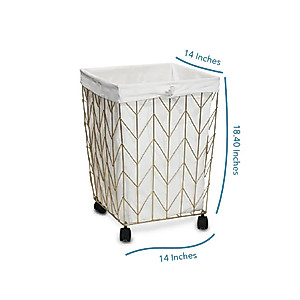 SEDLAV Metal Laundry Hamper with Wheels, Gold & Natural, Square Chevron Pattern