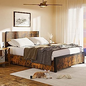 Alkmaar Queen Bed Frame with Storage, Queen Size Bed Frame with 4 Drawers and Headboard, Rustic Vintage Wood and Metal Bed Frame with Large Storage, Noise Free, No Box Spring Needed