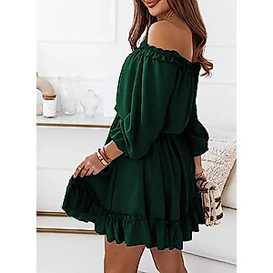 Dokotoo Womens Spring Fashion Long Sleeve Ruffle Off Shoulder Wedding Guest Dresses for Women Elastic Waist A Line Summer Casual Mini Dress Cute Flowy Sexy Party Clothing Green Large