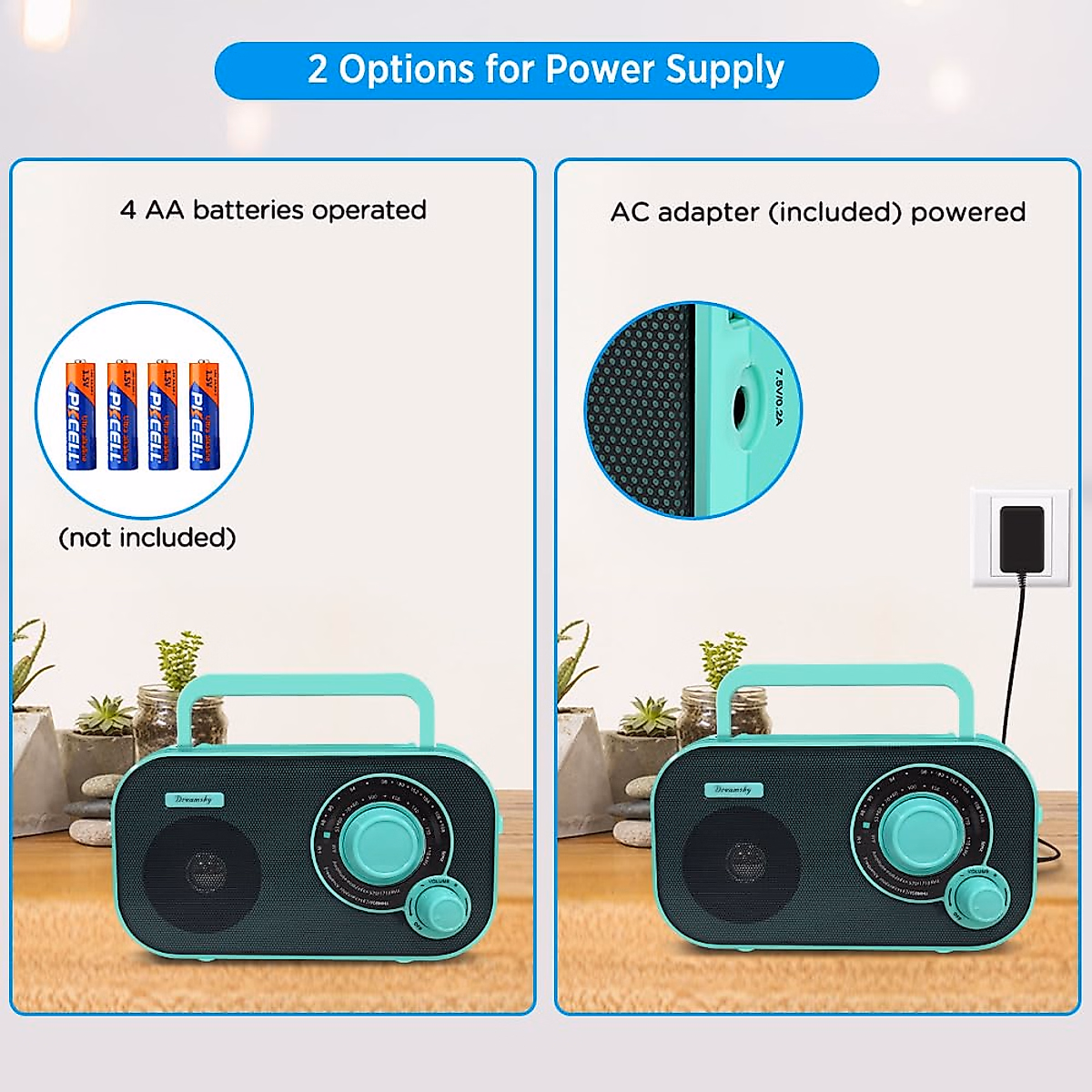 DreamSky AM FM Portable Radio Plug in Wall or Battery Operated for Home & Outdoor, Strong Reception, Large Dial Easy to Use, Transistor Antenna, Headphone Jack, Small Gifts for Seniors Elderly