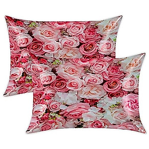 Flower Pink Roses Satin Pillow Cases Silk Satin Pillowcase for Hair and Skin Standard Set of 2 Super Soft Silk Pillowcase with Envelope Closure (20x26 in)