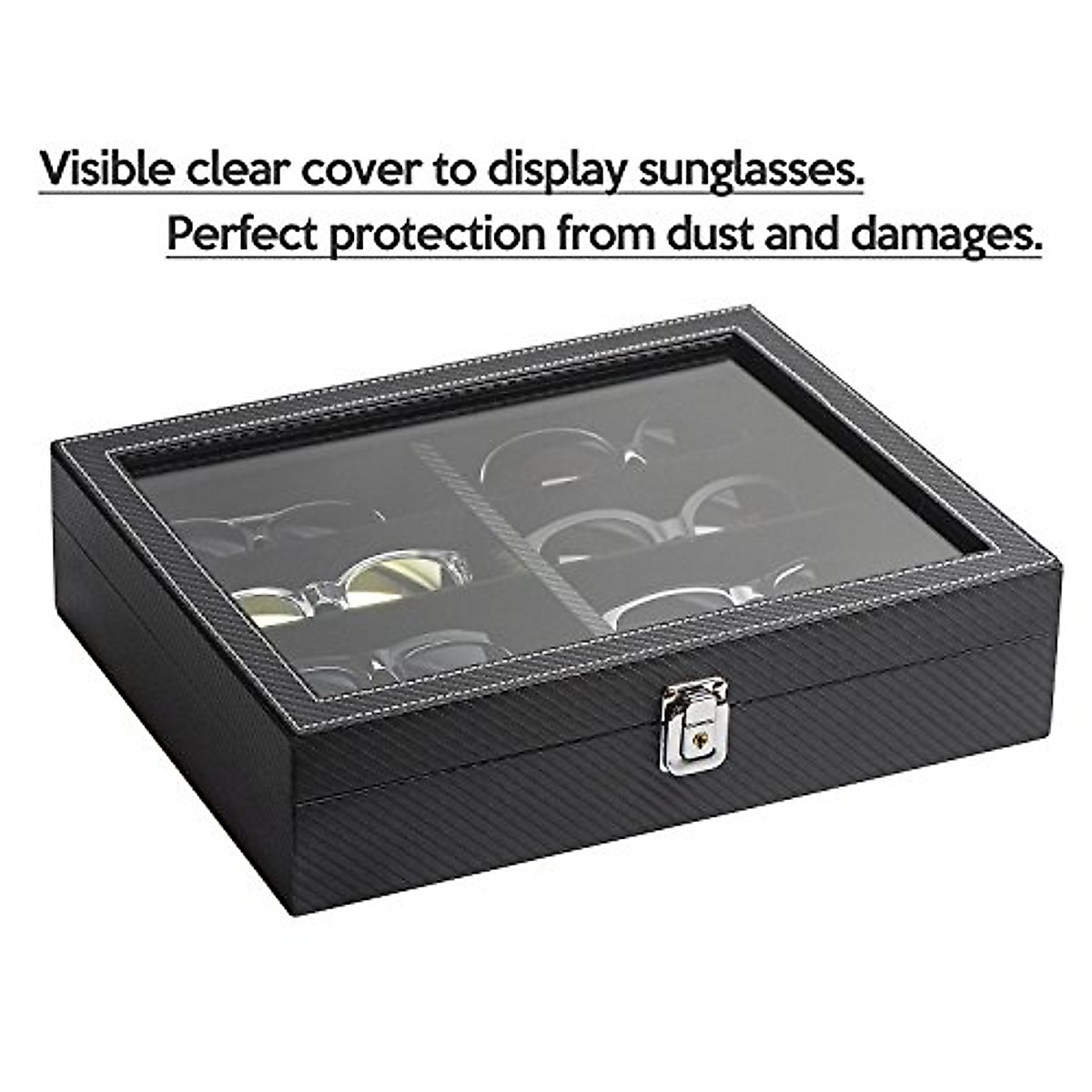 JackCubeDesign 8 Compartments Leather Eyeglass Display Organizer, Sunglass Storage Case Box Tray with Acrylic Cover (Carbon Design Black) - MK379A