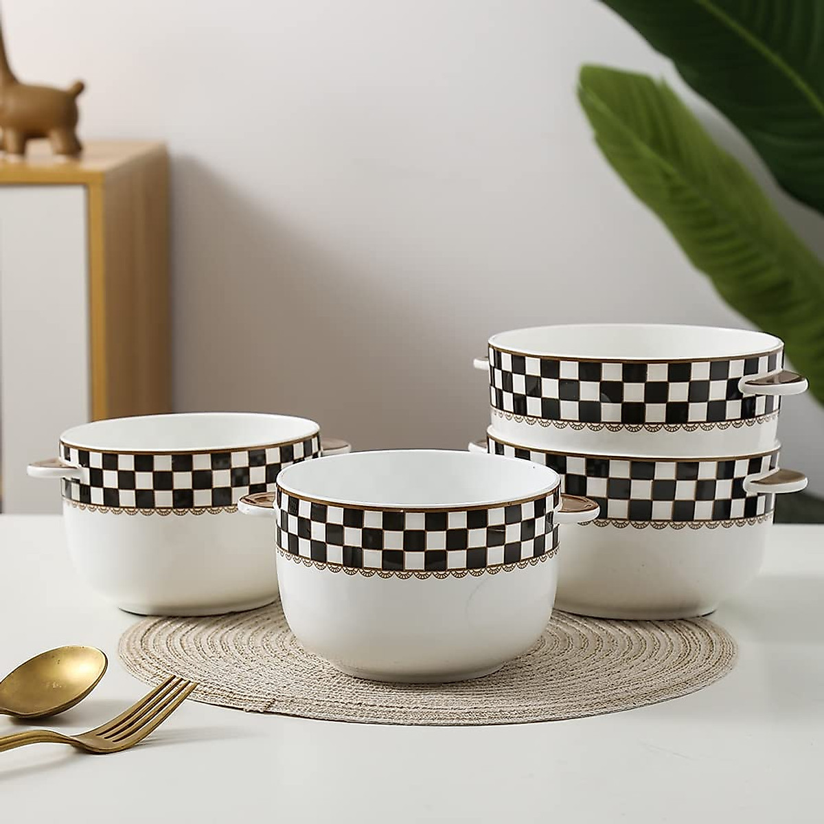 Porlien Checkered 8-Piece Plates and Bowls Set with Handles, Set of 2, Dessert/Cereal Bowls & Salad/Soup/Dessert Plates