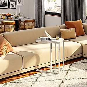 WLIVE Side Table, C Shaped End Table for Couch, Sofa and Bed, Large Desktop C Table for Living Room, Bedroom, Creamy White and Black