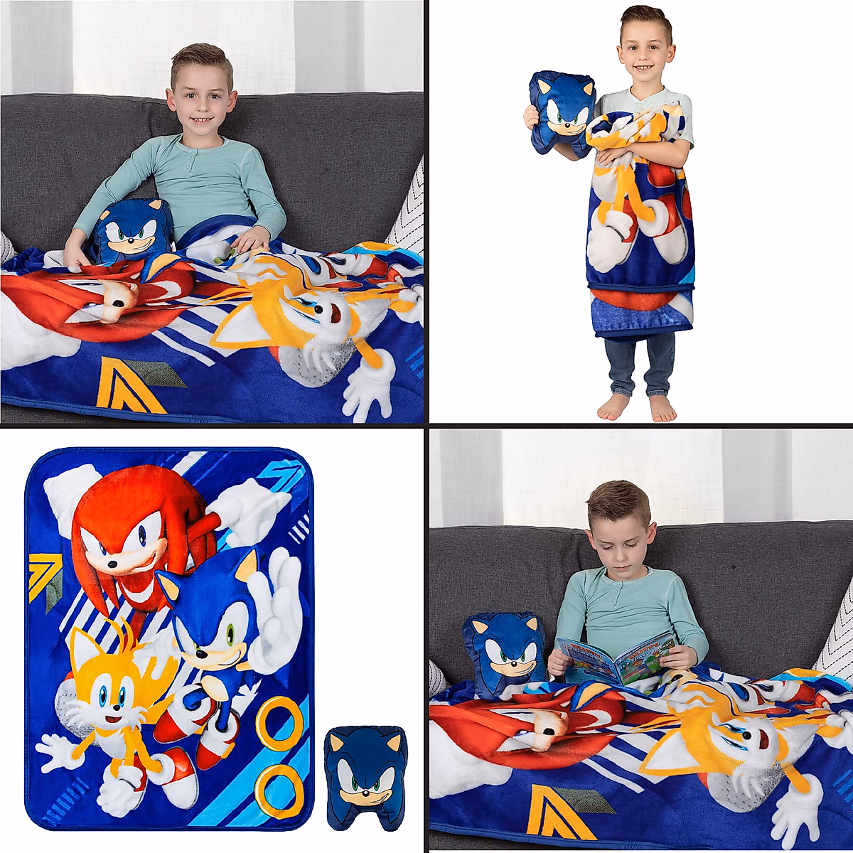 Franco Kids Bedding Super Soft Plush Decorative Pillow and Throw Set, 40 in x 50 in, Sonic The Hedgehog, Anime