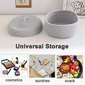 Cotton Rope Storage Basket with Lid,Desktop Storage Box,Multifunctional Handmade Oval Woven Basket,Sundries Storage Basket,Lidded Woven Storage Bin for Makeup Sundries Snack Needles(Grey)