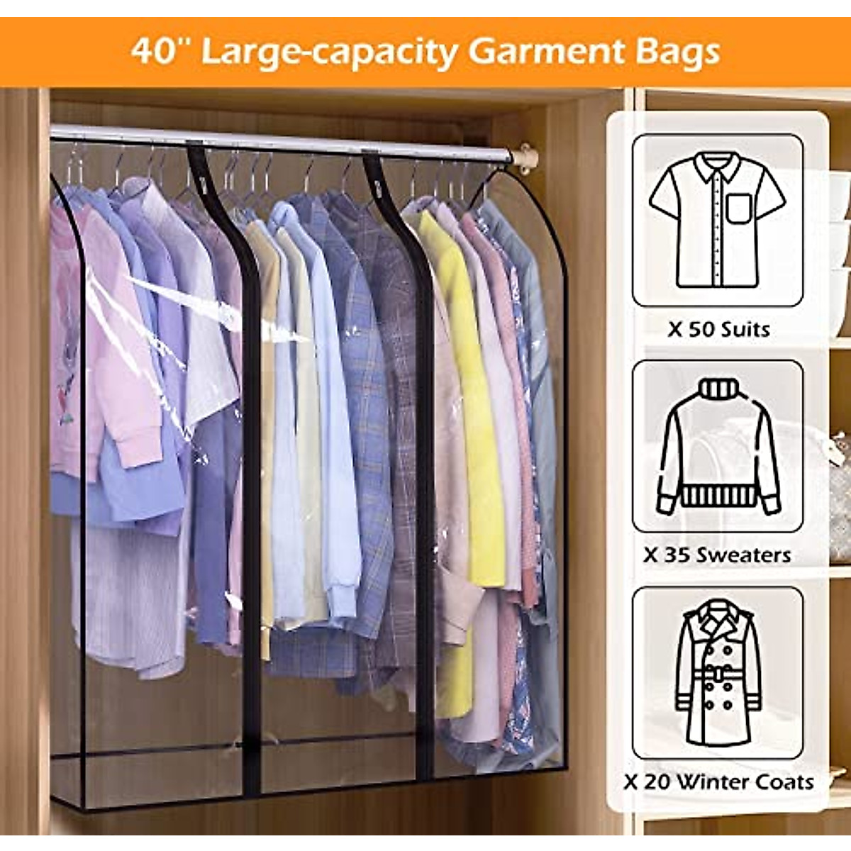 MISSLO 40" Hanging Garment Bags for Closet Storage Clear Garment Rack Cover Bottom Enclosed Cloth Cover Hanging Clothes Storage Bag Waterproof Clothes Protector for Suits, Coats, Sweaters, Shirts