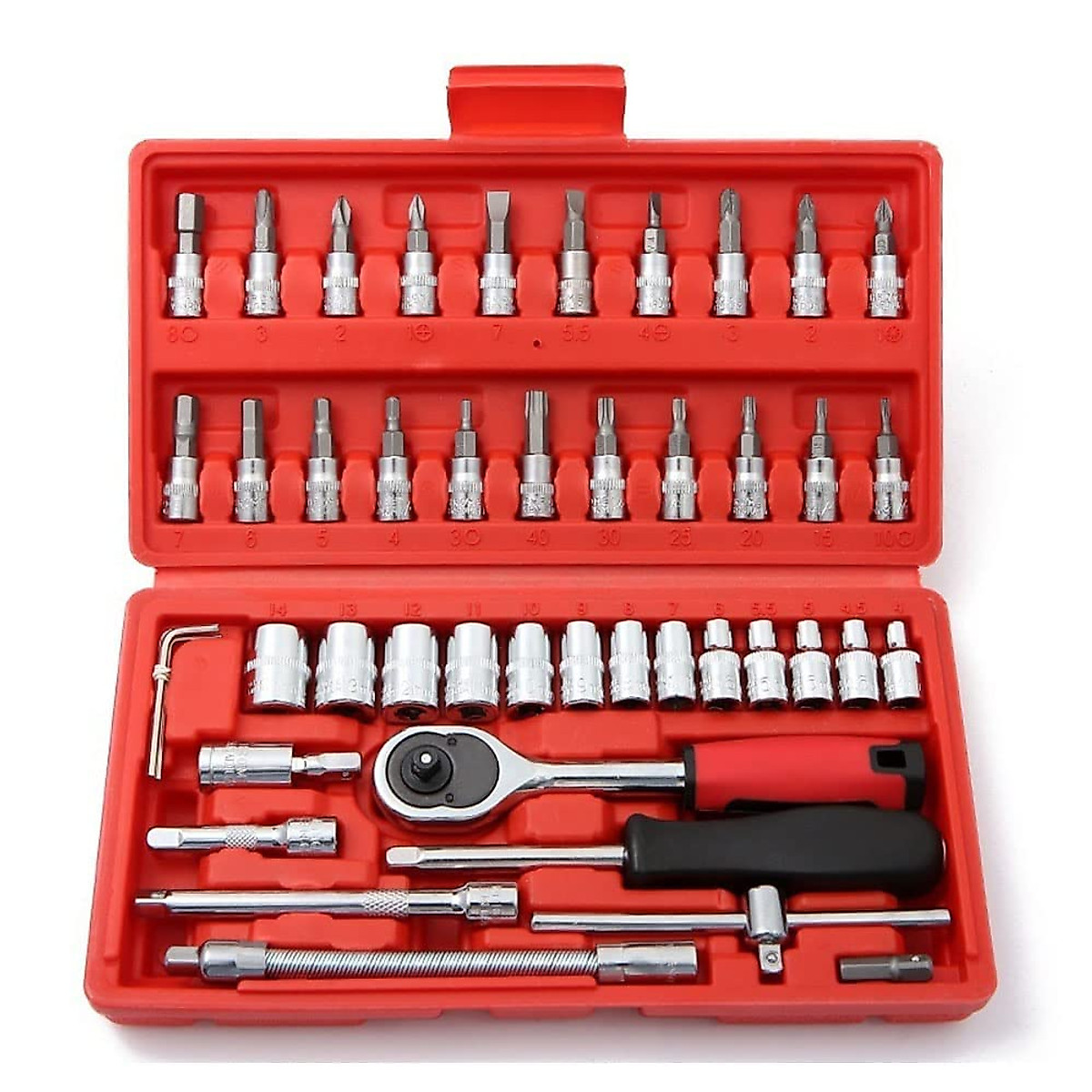 YWHWXB 46 Pieces Mechanic Tool Kit 1/4” Dr. Ratchet Socket Wrench Set with Storage Case, Includes Bit Sockets and Extension Bar