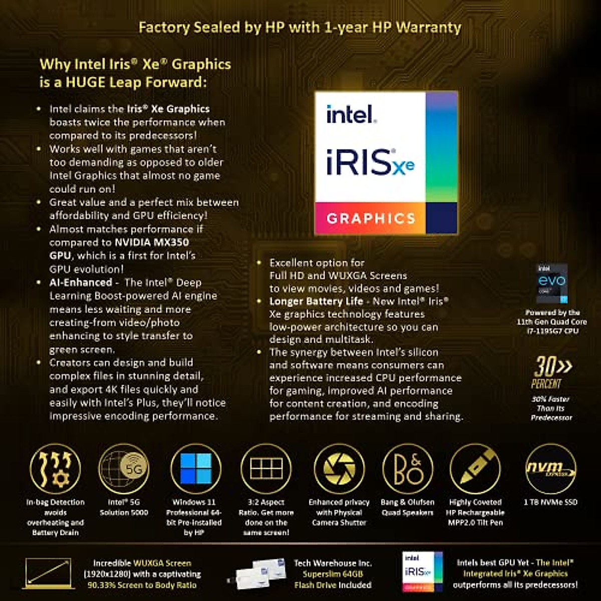 HP Spectre x360 Luxury 14T, 13.5" 3:2 WUXGA Touch, Intel i7-1195G7, 16GB RAM, 1TB NVMe SSD, Intel 5G nanoSim Slot, Fingerprint, Tilt Pen, Black, Win 11 Pro, B&O Audio, 64GB TechWarehouse Flashdrive