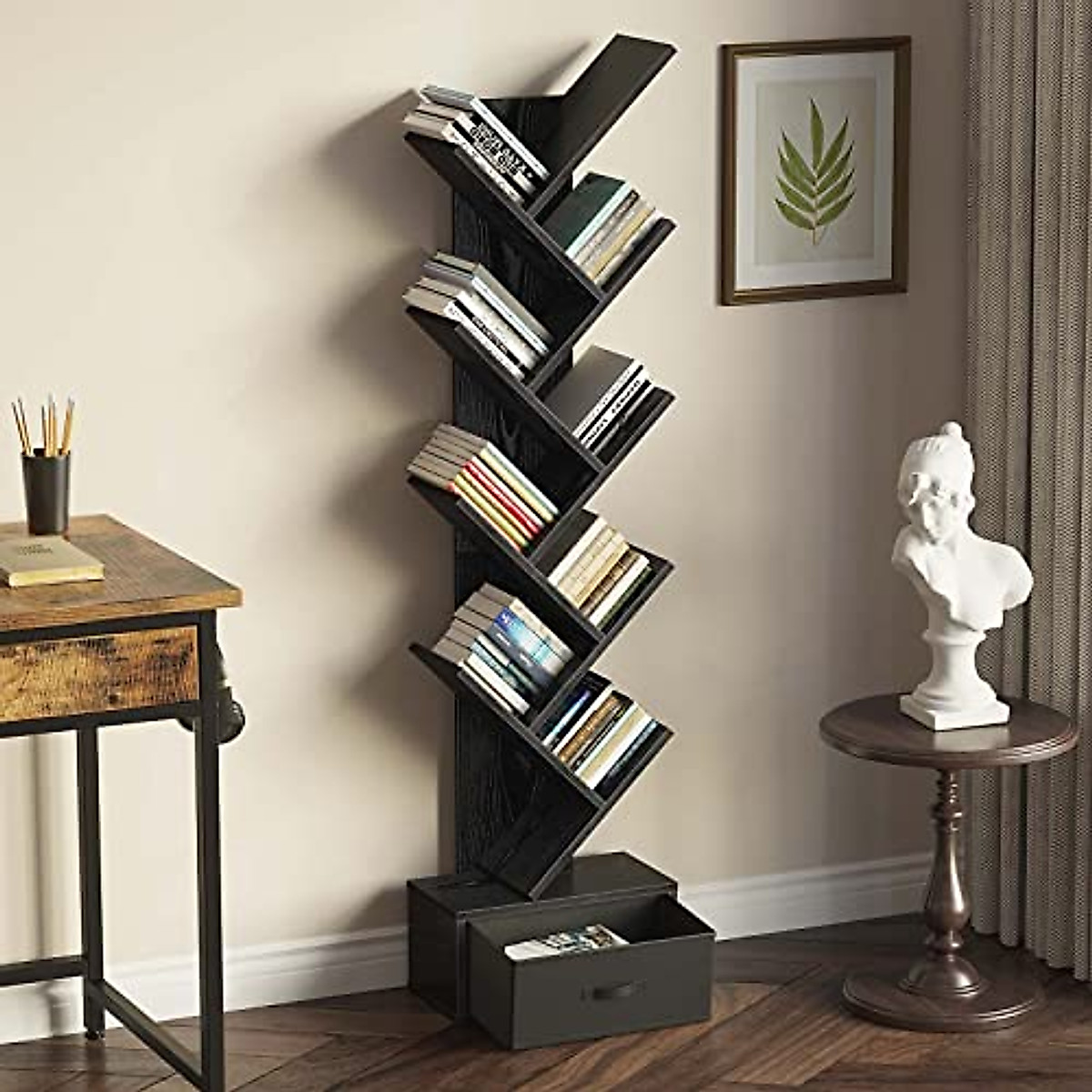 Rolanstar Bookshelf with Drawer,9 Shelf Tree Bookshelf,Retro Bookcase,Wooden Storage Rack for CDs/Movies/Books, Utility Organizer Shelves for Bedroom, Living Room, Home Office