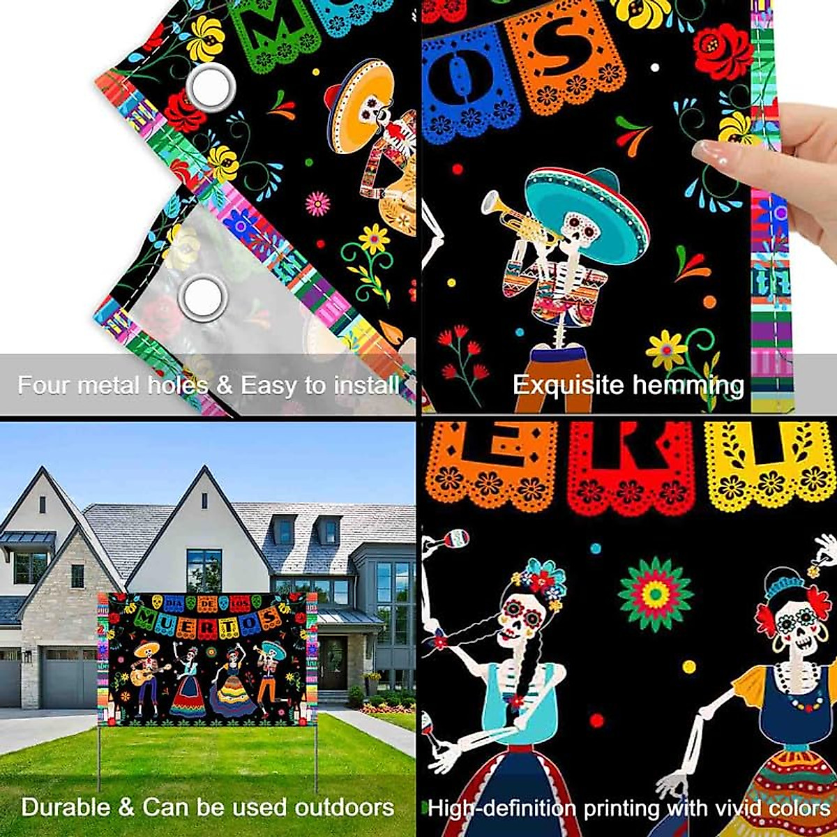 ZTHMOE 72x43inch Polyester Day of The Dead Backdrop Mexican Dia DE Los Muertos Photography Background Fiesta Sugar Skull Flowers Party Decorations Photo Banner Props with Four Holes Easy to Hang