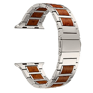 LDFAS Compatible for Apple Watch Ultra 2 Band 49mm,Series 10 46mm Natural Wood Red Sandalwood Stainless Steel Metal Strap Compatible for iWatch Apple Watch 9/8/7 45mm 44mm Bands,Silver Gray