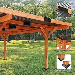 Beneouya 18.3 x 12.6 x 7 FT Heavy Duty Wooden Carport Pavilion Gazebo with Hard Top Steel Roof, Patio Gazebo for Parking Car, Boats on Patio, Garden, Lawn