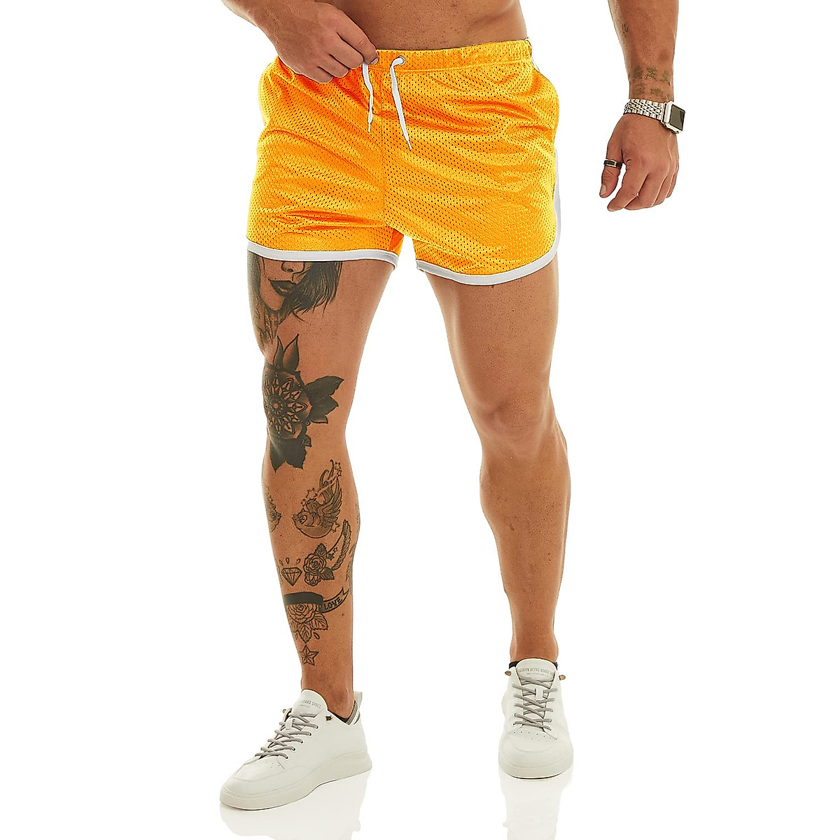Ouber Men's Fitted Shorts Bodybuilding Workout Gym Running Tight Lifting Shorts with Pockets (Yellow, Small)