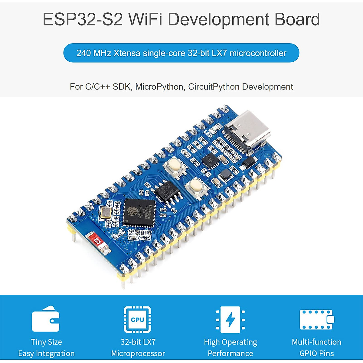 Waveshare ESP32-S2 MCU WiFi Entwicklungs Board 2.4GHz Low Power WiFi 240MHz Single Core 32-bit Wi-Fi MCU Modul für IoT, Integrierter 320KB SRAM 4MB Flash, Unterstützt IEEE802.11 b/g/n