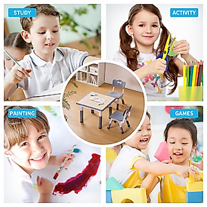 UNICOO - Kids Height Adjustable Three Piece Study Table and 2 Chairs Set, Plastic, Children Art Table with 2 Seats, Multipurpose Activity Table for Kids 2-10 Years Old (Maple Top with Grey Border)