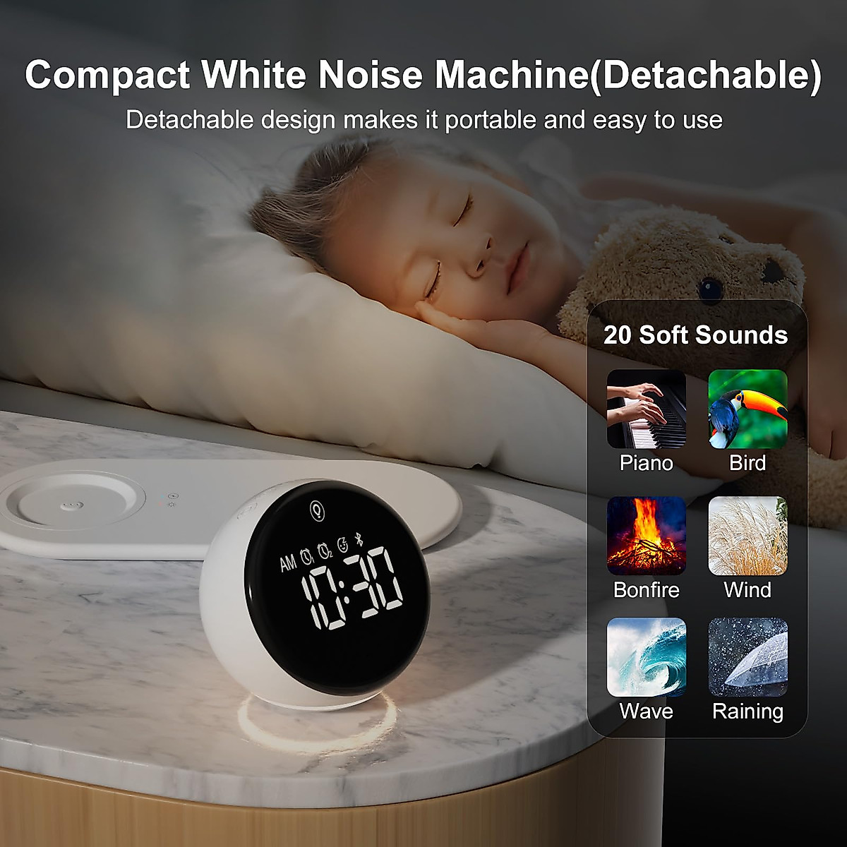 Digital Clock, Alarm Clock with Fast 15W Wireless Charger for Bedroom,Teen Girls Boys Gifts, Dual Alarm, 20 Sleep Sounds, Bluetooth Speaker, Night Light, Bedside Clock for Heavy Sleepers Adults