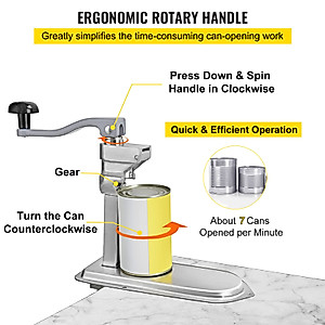 VEVOR Commercial Can Opener, 23.2"/59cm Long, Stainless Steel Manual Table Can Opener for Up to 15.7"/40cm Tall, Fixed with Clamp or Screws, Ergonomic Swing Handle & One Spare Knife, for Restaurants