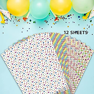 PlandRichW Birthday Wrapping Paper 12 Sheets Folded Flat for Kids, Boys, Girls, Adults. Gift Wrapping Paper Includes Happy Birthday, Star, Rainbow, Cake 4 Colorful Designs for Baby Shower, Holiday, Party 20 X 29 Inch
