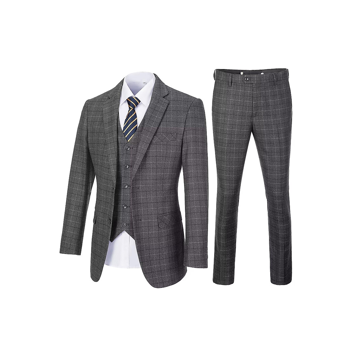 Mens Checked Suit Slim Fit Wedding Suit Casual Plaid Prom Homecoming Suit Dress Tux Suit Grey Blazer Jacket Vest Pants XS