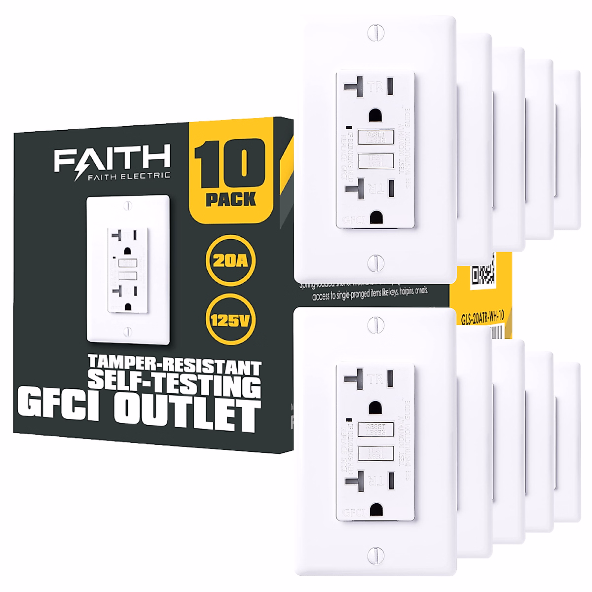 Faith 20A GFCI Outlet, Tamper-Resistant GFI Duplex Receptacle with LED Indicator, Self-Test Ground Fault Circuit Interrupter with Wall Plate, ETL Listed, White