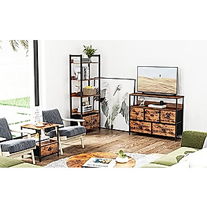 Furologee 6-Tier Bookshelf and Nightstand Set, Tall Bookcase and Rustic End Table with Fabric Drawers, Metal Frame, Rustic Brwon