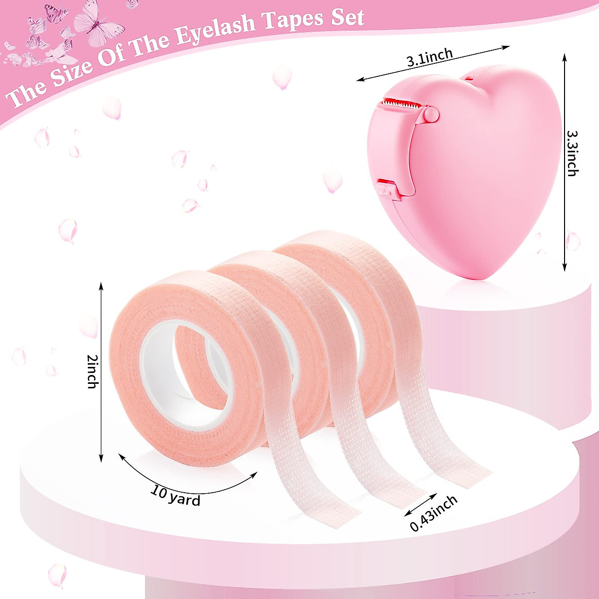3 Pieces Eyelash Extension Tape Breathable Micropore Fabric Tape for Eyelash Extension Adhesive Pink Lash Tape with Heart-Shaped Tape Dispenser Cutter, 0.5 Inch Wide, 10 Yards Long of Each
