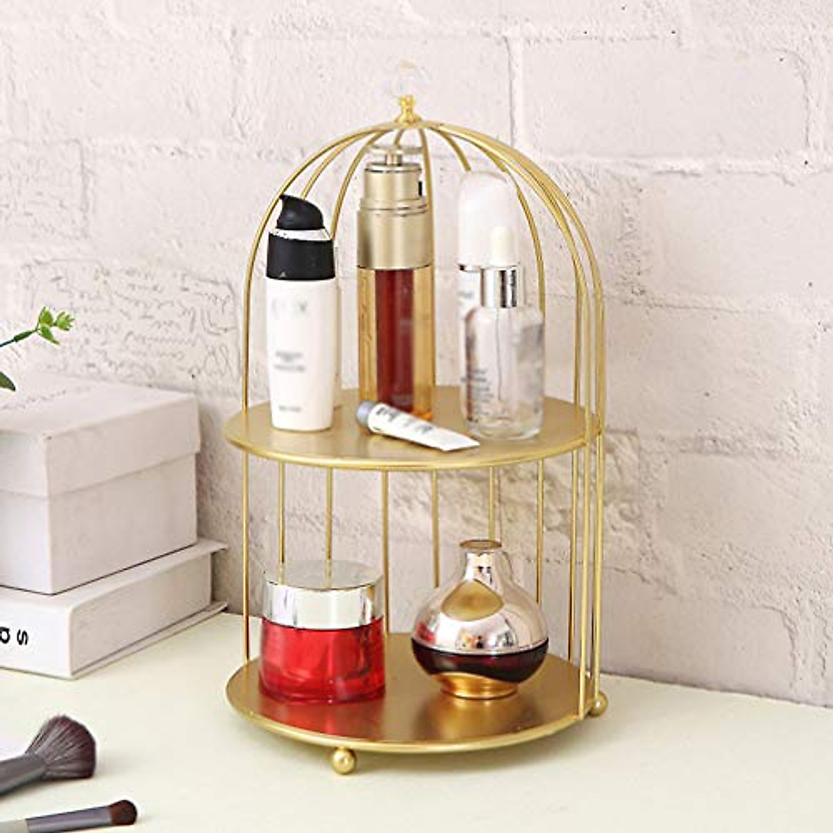 Yardwe Iron Cosmetic Rack Bird Cage Makeup Organizer 2 Tier Wire Storage Holder Essence Perfume Lotion Bottle Shelf Stand Skincare Products Tabletop Organizer