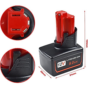 CHAUNVEN Battery 12V 9.0Ah M12 Battery Replacement for Milwaukee M12 Battery 48-11-2440 48-11-2402 48-11-2411 fit M12 12-Volt Cordless Tools 2 Pack