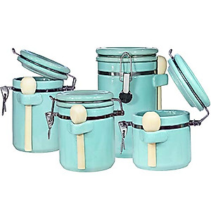 Blue Donuts 4-Piece Canister Sets for Kitchen Counter - Ceramic Airtight Food Storage Containers, Kitchen Canisters with 4 Wooden Spoons, Set of 4-45 Oz, 40 Oz, 33 Oz, 25 Oz, Turquoise