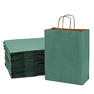 Green Gift Bags - 10x5x13 Inch 50 Pack Medium Kraft Paper Shopping Bags with Handles, Craft Totes in Bulk for Boutiques, Small Business, Retail Stores, Birthday Parties, Jewelry, Merchandise, Bulk