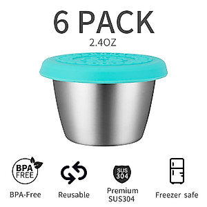 Freshmage [6 Pack 2.4oz] Stainless Steel Dressing Container with Silicone Lids, Reusable Leakproof Condiment Containers Small Sauce Container Sets