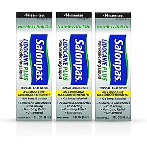 Salonpas LIDOCAINE PLUS 3 oz ROLL ON Pain Relieving Liquid! Maximum Strength 4% Lidocaine for Numbing Pain Relief! MESS FREE Application! (3 PACK)
