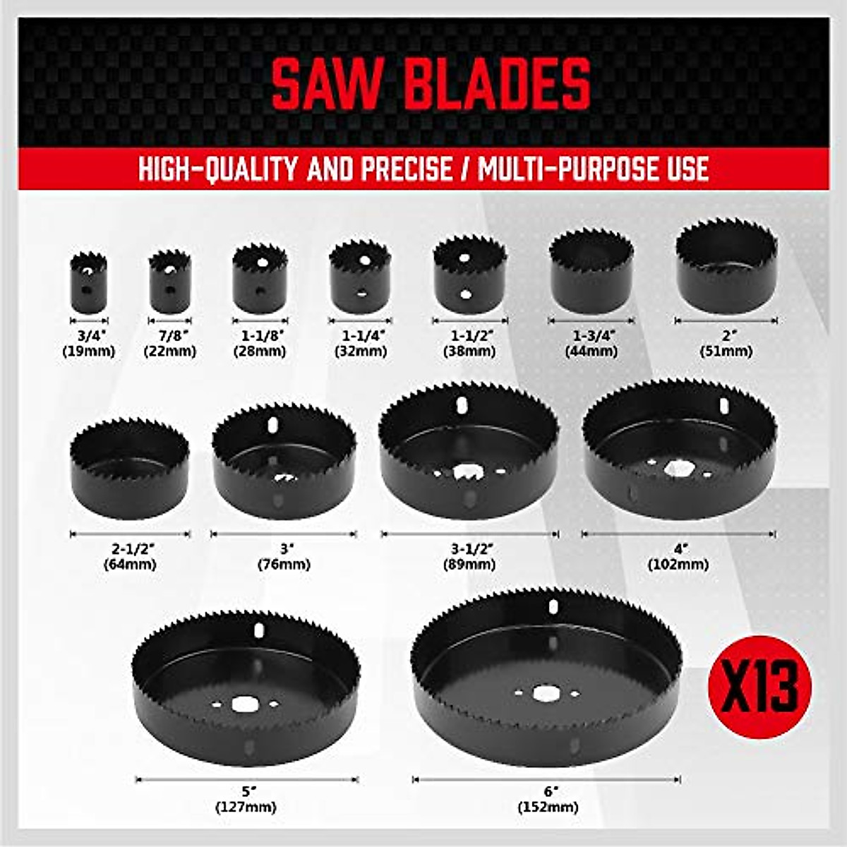 SEDY Hole Saw Kit, 19-Pieces Hole Saw Set with Red Case Include 13pc 3/4"-6"(19-152mm) Saw Blades, 2 Mandrels, 2 Drill Bits, 1 Installation Plate, 1 Hex Key, Ideal for Soft Wood, Plywood, Drywall, PVC
