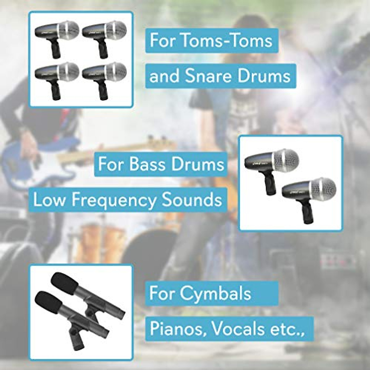 Pyle 7-Piece Wired Dynamic Kit-Kick Bass, Tom/Snare & Cymbals Microphone Set-for Drums, Vocal, & Other Instrument-Complete with Thread Clip, Inserts, Mics Holder & Case, Black