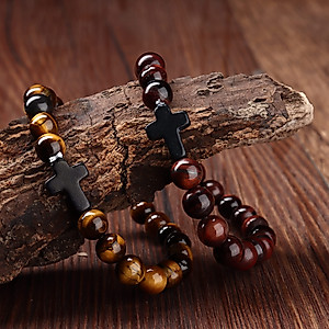 SAILIMUE 8 Pcs Cross Bead Bracelets for Women Men 8mm Tiger Eye Lava Rock Stone Stretch Elastic Cross Bracelet Set