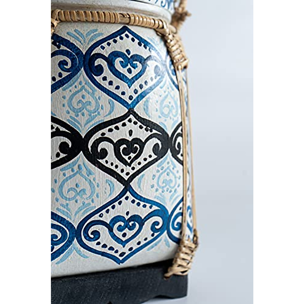 Siam Sawadee White Weaved Bamboo Rice Basket, Hand Woven Thai Rattan Jar, Handcrafted Traditional Household Wicker Container, Moroccan Pattern Painted, Handmade in Thailand, 7x12 inches