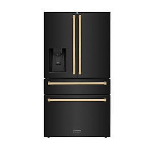 ZLINE 36" Autograph Edition 21.6 cu. ft 4-Door French Door Refrigerator with Water and Ice Dispenser in Fingerprint Resistant Black Stainless Steel with Polished Gold Traditional Handles