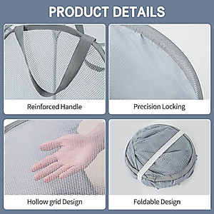 Simfree Laundry Baskets - Collapsible Laundry Baskets Popup Laundry Hamper, Pop-Up Mesh Laundry Hampers with 3 Compartments & Handles for Laundry, Bathroom, Kids Room, Dorm, Travel or Camping- Grey