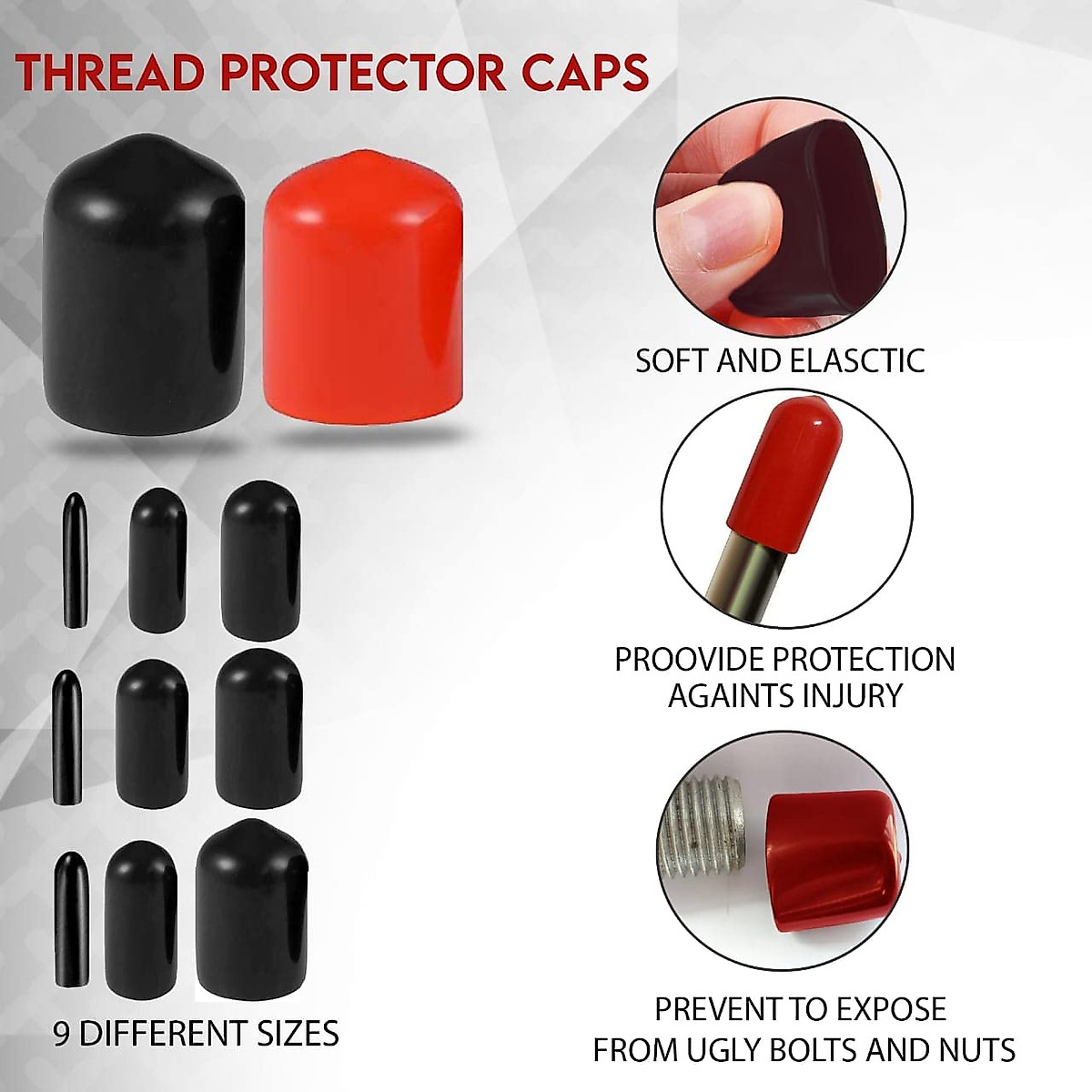 Performore 192 Pieces Rubber End Caps - Screw Cap Covers - Thread Protector - Rubber Tips - Red & Black Vinyl Flexible Bolt & Screw Thread Protector Caps 9 Sizes in Plastic Case