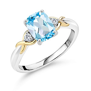 Gem Stone King 925 Silver and 10K Yellow Gold 8X6MM Cushion Cut Gemstone Birthstone and 2MM White Lab Grown Diamond 3-Stone Engagement Ring | Wedding Anniversary Promise Ring For Women