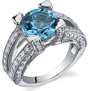 PEORA Swiss Blue Topaz Ring in Sterling Silver, Rich Vintage Design, 3 Carats Round Shape, 9mm, Comfort Fit, Size 7
