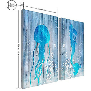 USIXA Mermaid Wall Decor for Bathroom and Girls Room with Set of 2 Panels, Blue Jellyfish Canvas Artwork 12x16 Inches in Wooden Frame