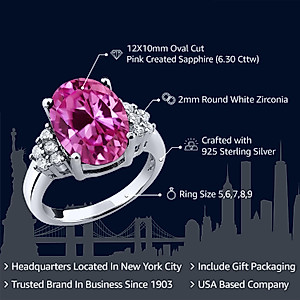 Gem Stone King 925 Sterling Silver Pink Created Sapphire Ring For Women (6.30 Cttw, Oval 12X10MM, Available 5,6,7,8,9) (Size 6)