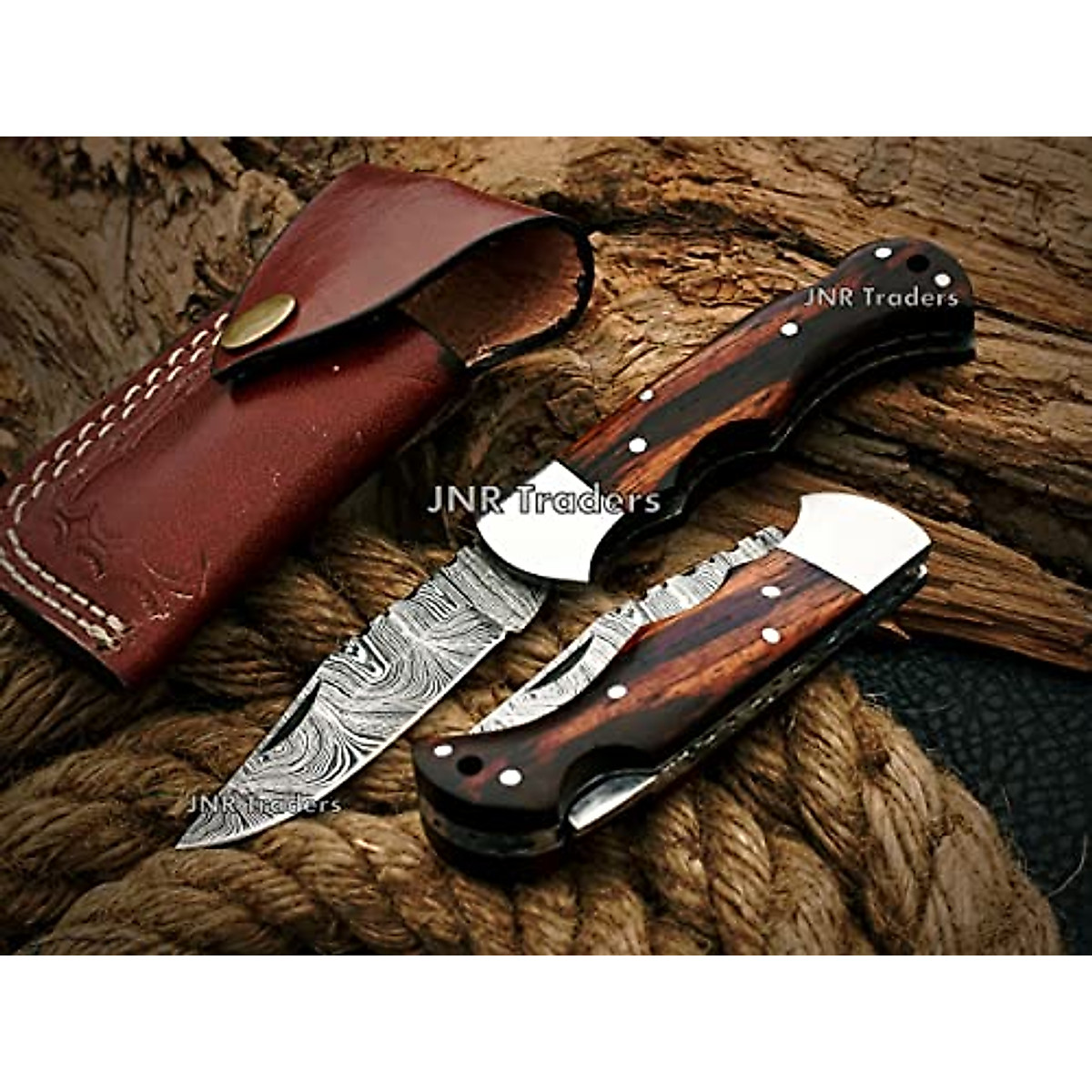 JNR TRADERS Damascus Pocket Knife with Sheath, Folding Knife, Handmade Small Folding Pocket Knife with Sheath, Wood Handle 2397