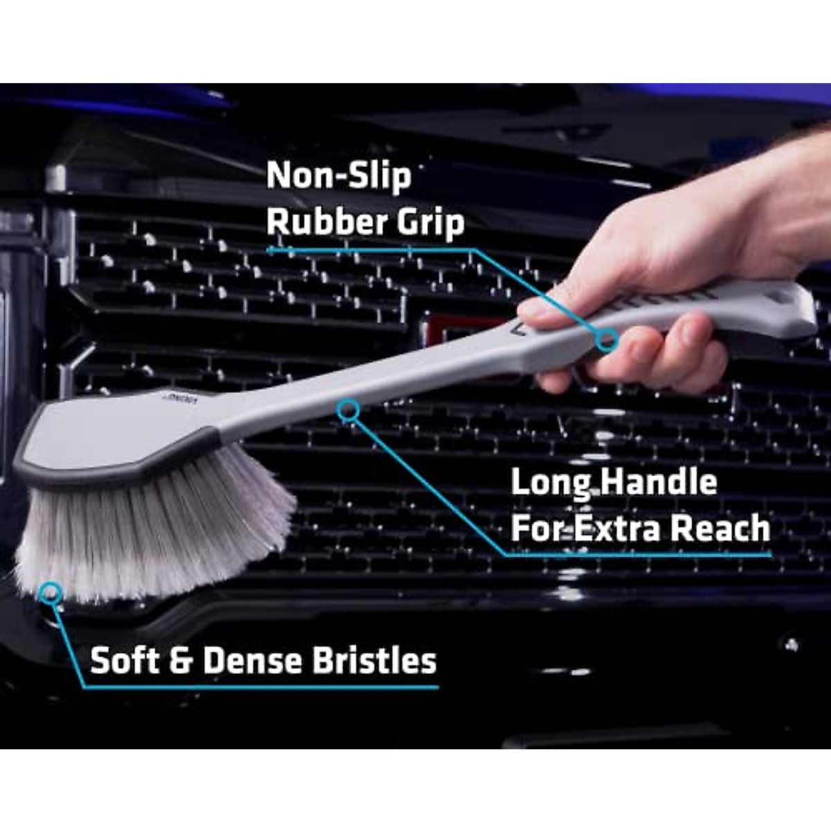 VIKING Car Wash Brush, Wheel and Fender Brush, Long Handle Tire Cleaner for Car Detailing, 16.5 Inch, Grey/Black