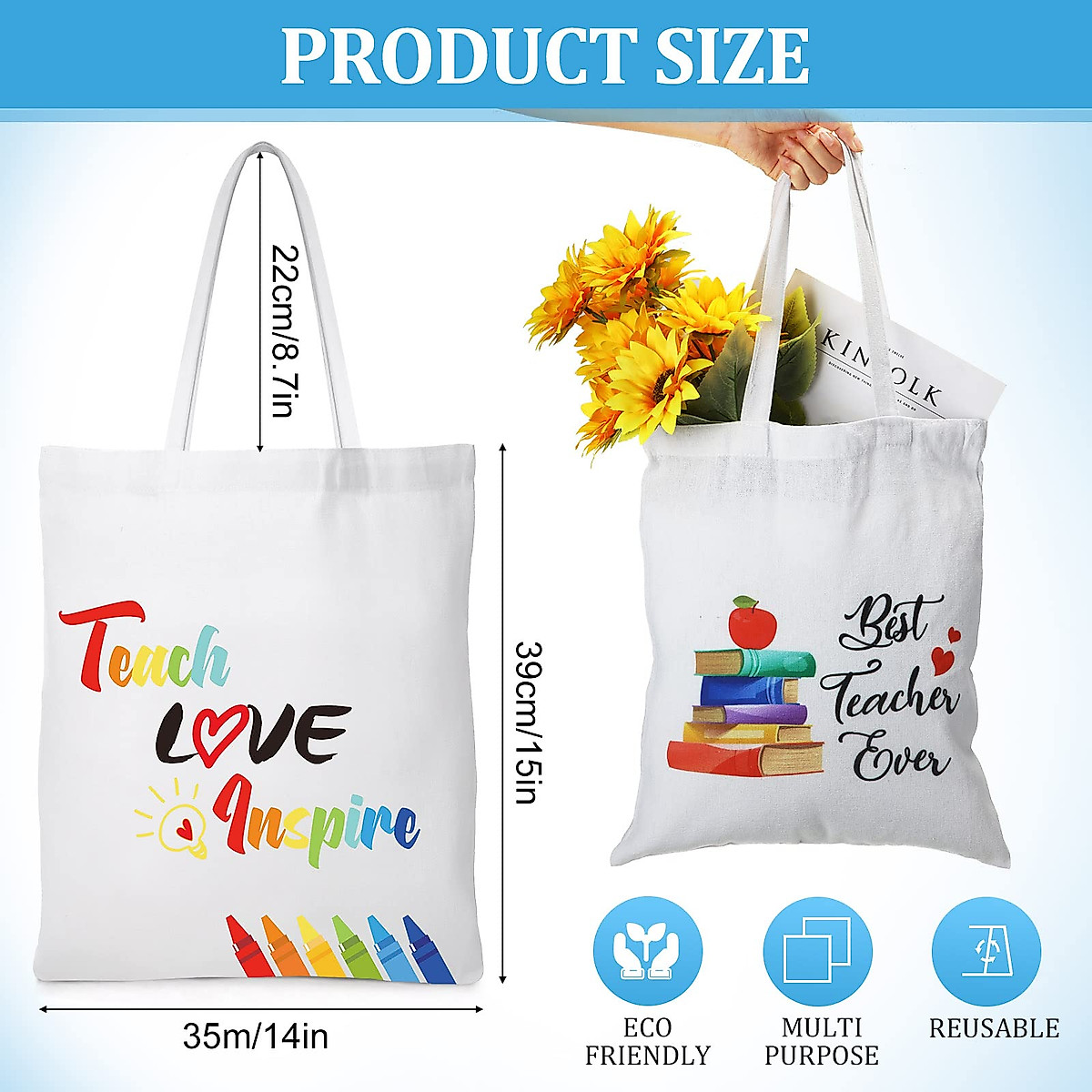 Chunful 10 Pack Teacher Tote Bags Bulk Inspirational Gifts for Women Christmas Teacher Appreciation Gift Rainbow Bags(Cute)