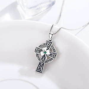 TRISHULA Celtic Cross Necklace for Women, 925 Sterling Silver Good Luck Clover Necklaces Irish Celtic Knot Cross Vintage Shamrock Celtic Jewelry Gift for Women Girls Teen